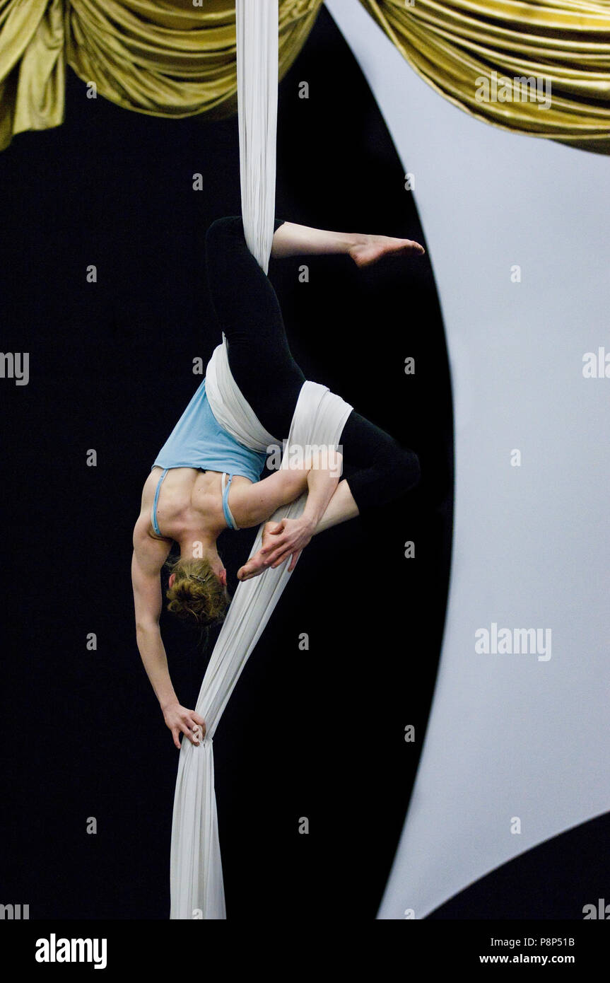 A female acrobat suspends herself upside down by wrapping aerial silks ...