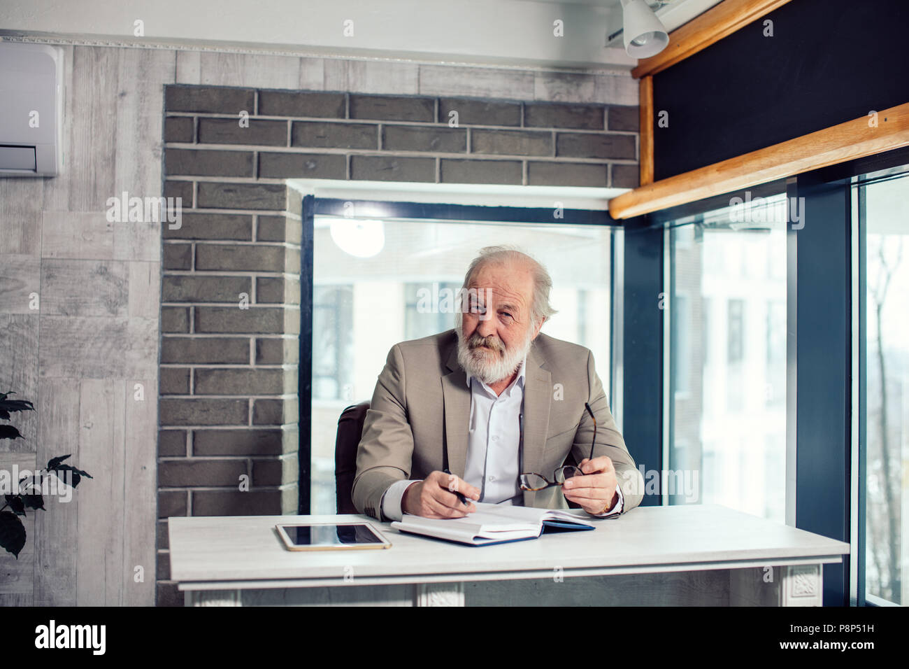 portrait of sitting pleasant bearded grey-headed old man. old ...