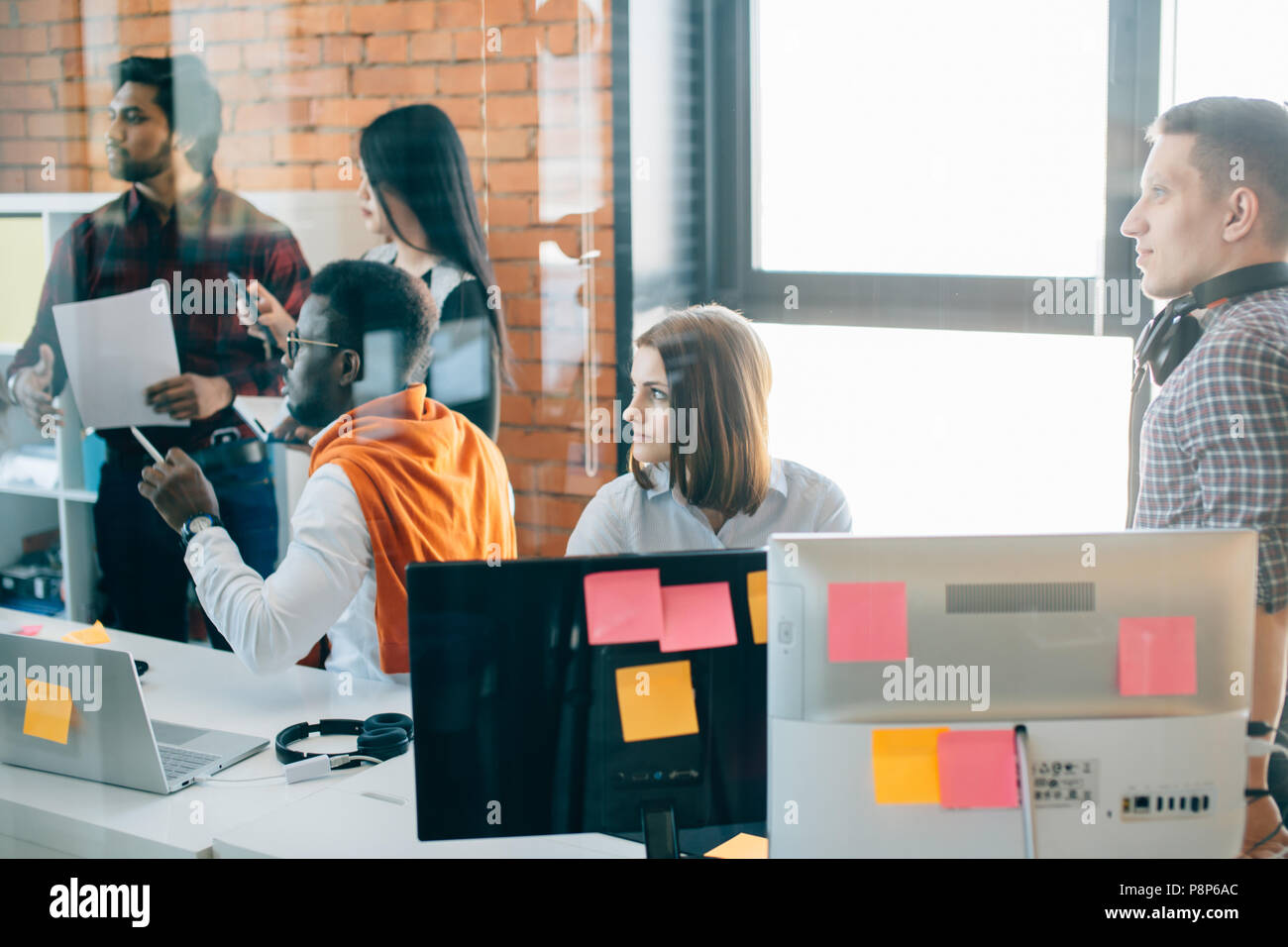 closeup portrait of young hardworking journalists with different ...