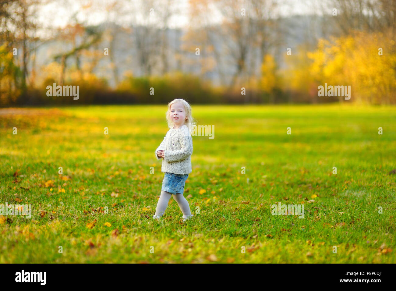 Portrait of a cute little girl on beautiful golden autumn day Stock ...