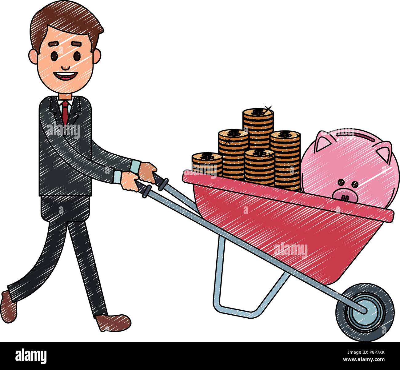 Businessman pushing wheelbarrow with money scribble Stock Vector Image ...