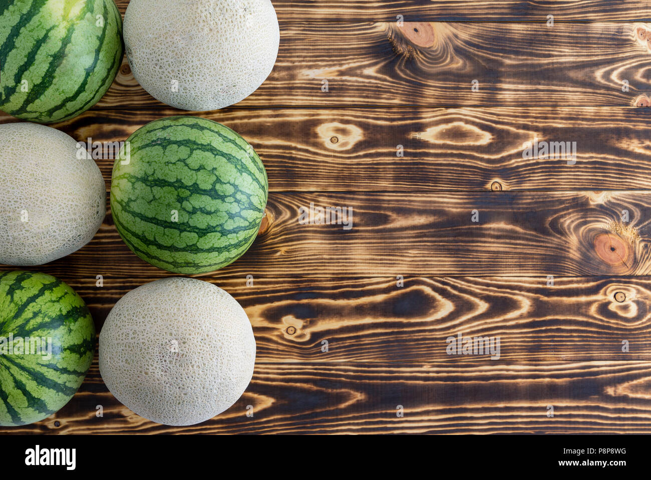Two rows of alternating ripe melons with watermelons and cantaloupe ...