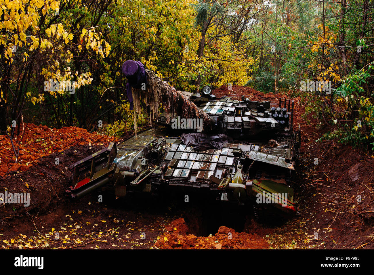 real battle tanks disguised in the trenches Donbass Ukraine Stock Photo ...