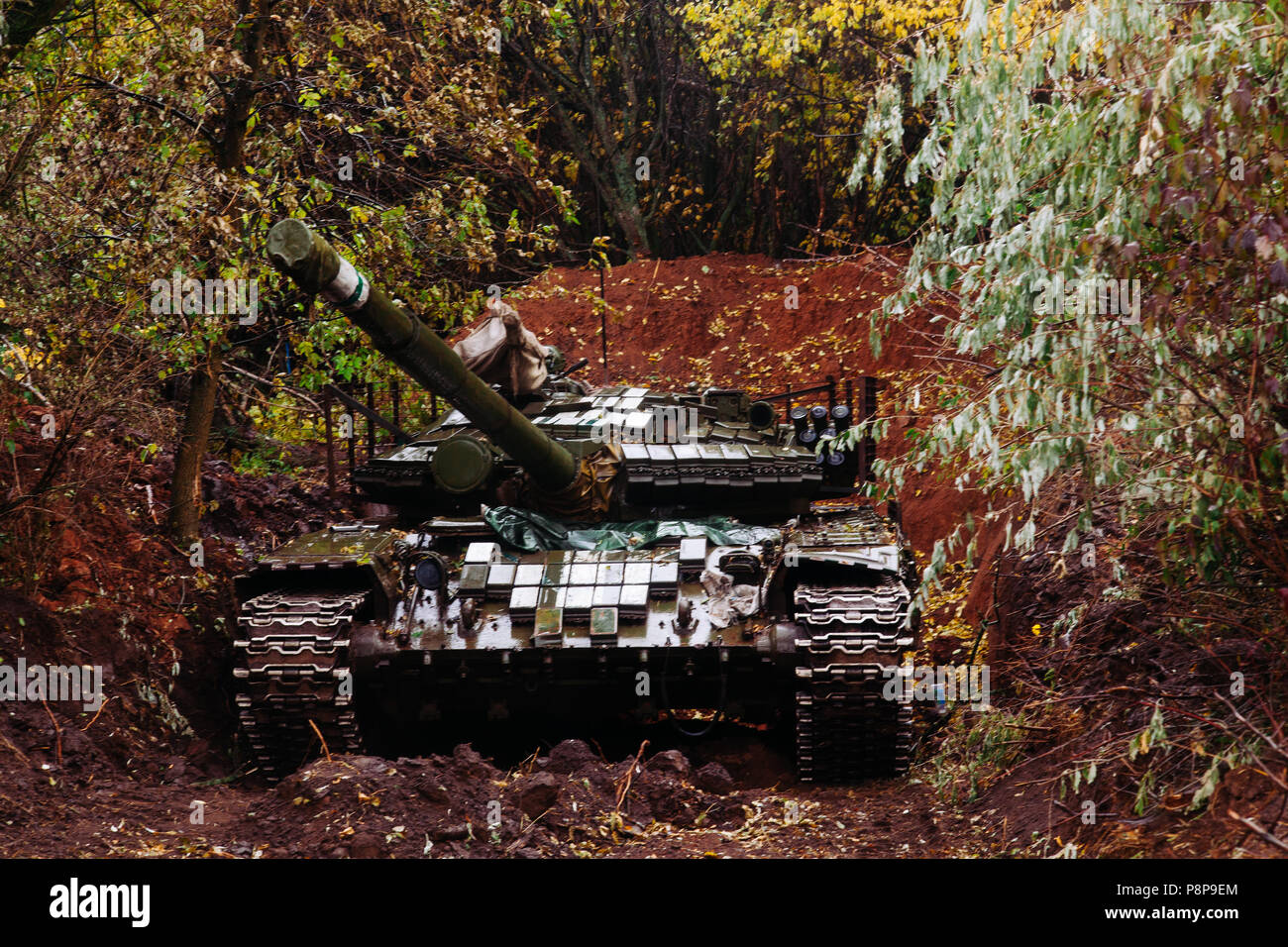 real battle tanks disguised in the trenches Donbass Ukraine Stock Photo ...