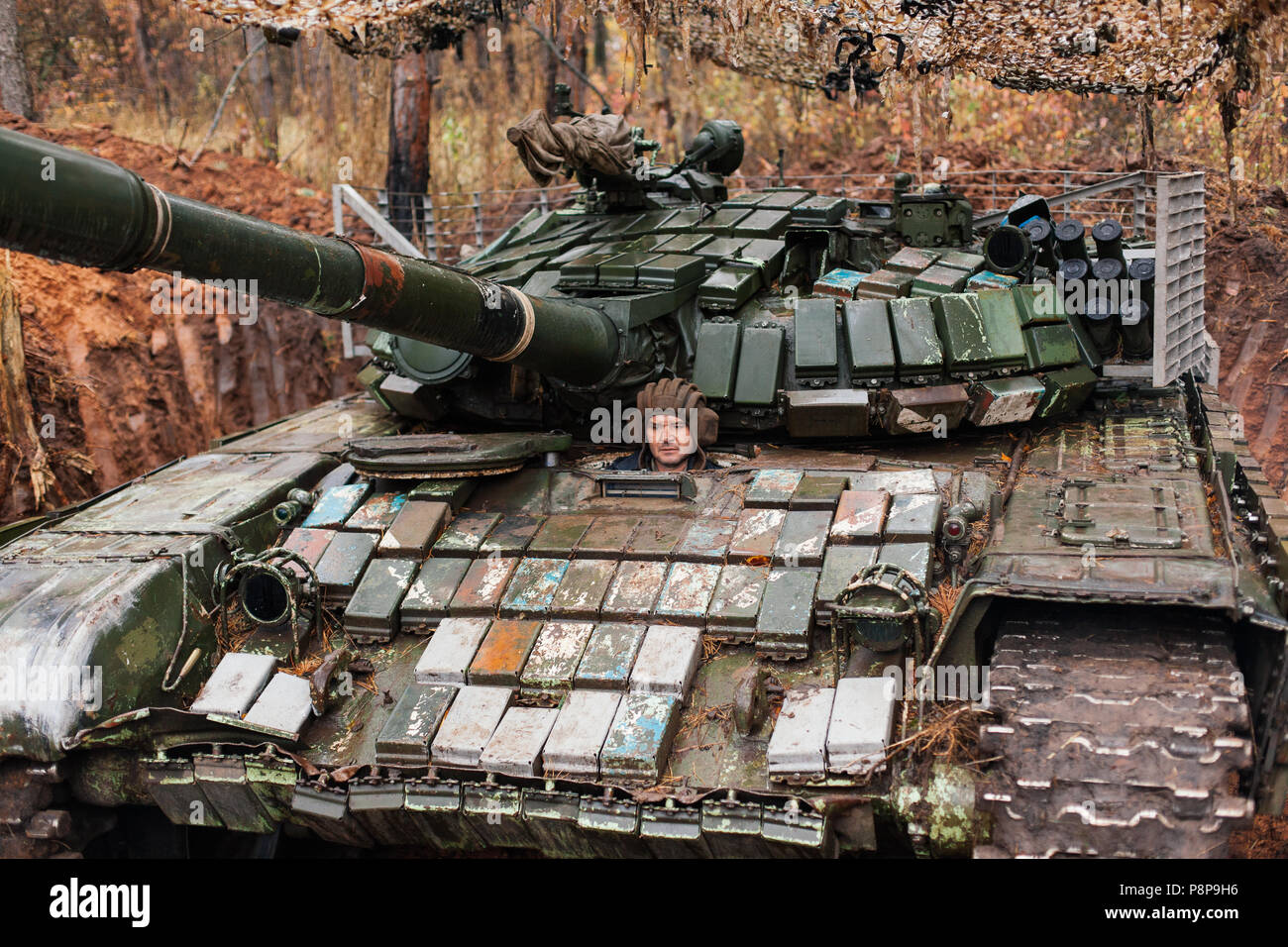 real battle tanks disguised in the trenches Donbass Ukraine Stock Photo ...