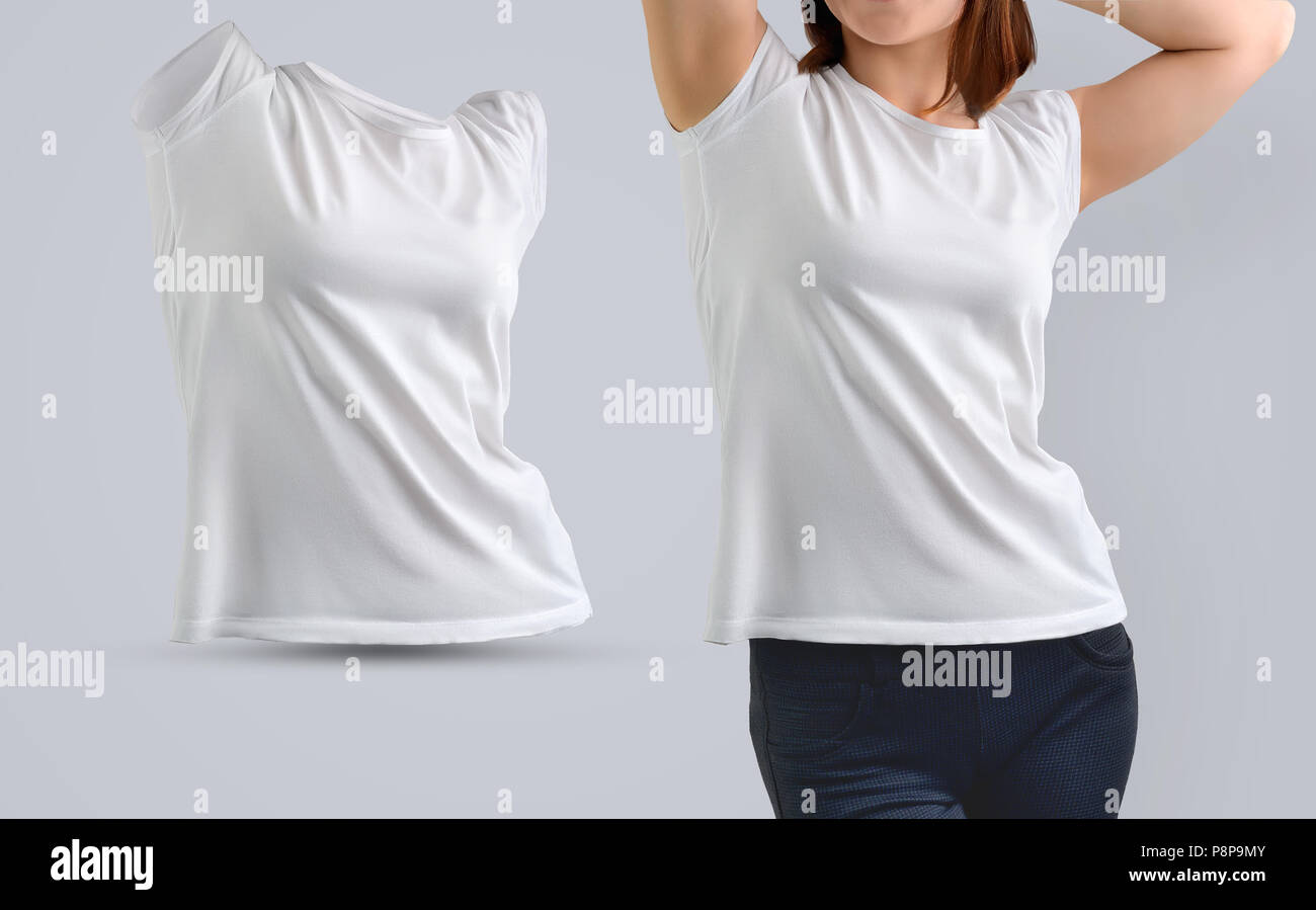 Female mockup Set with slim young woman in the white t-shirt and shape ...