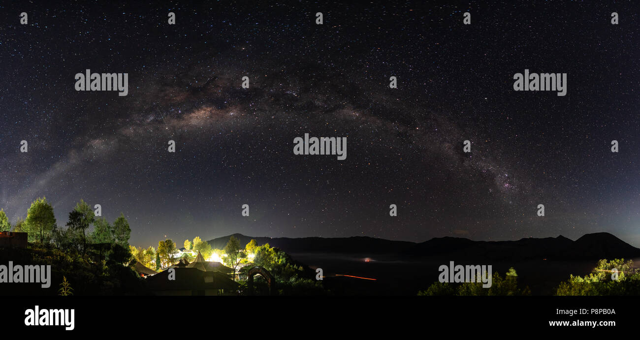 Panoramic milky way and starry sky at night in Semeru National Park ...