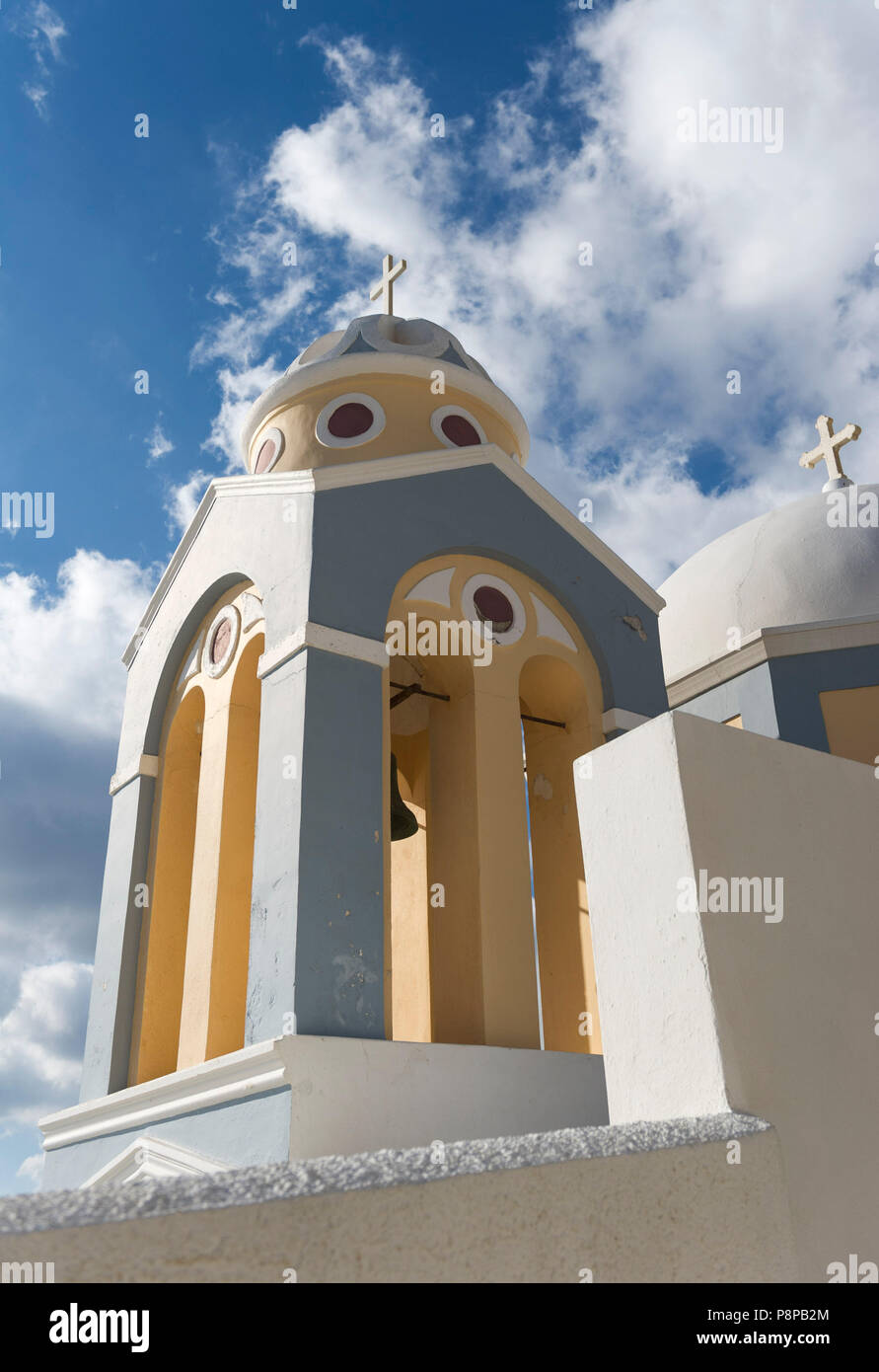 Traditional blue white and yellow church, Santorini, Greece Stock Photo ...