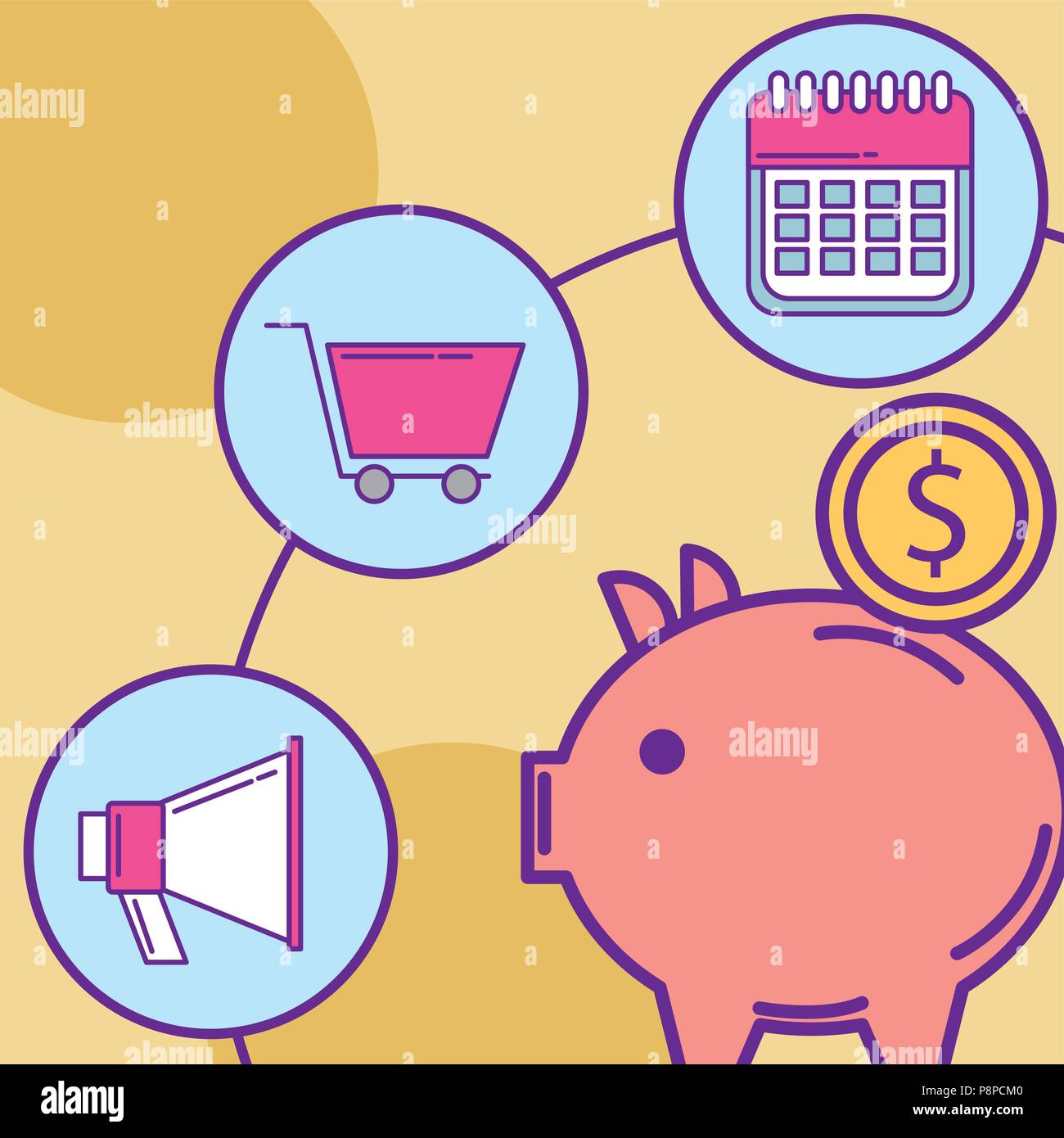 piggy bank advertising cart calendar buy online vector illustration ...