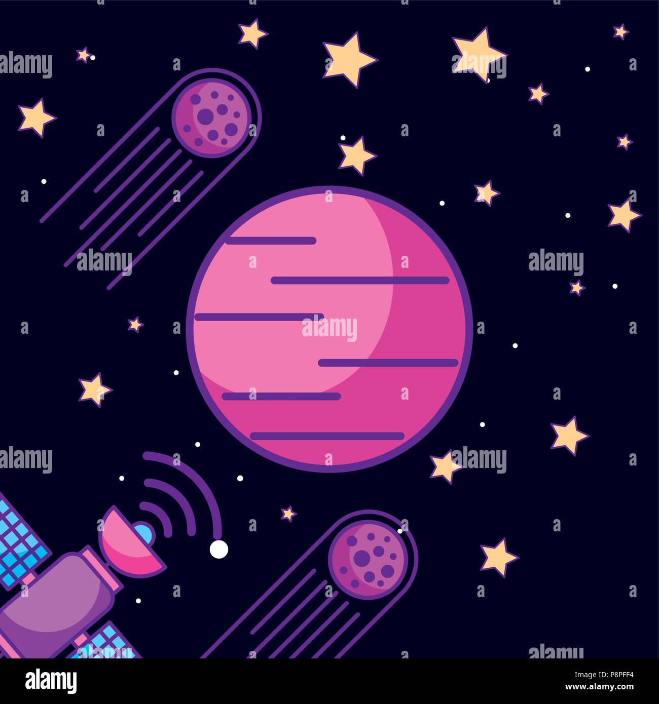 space galaxy card satellite meteorites stars planet vector illustration ...