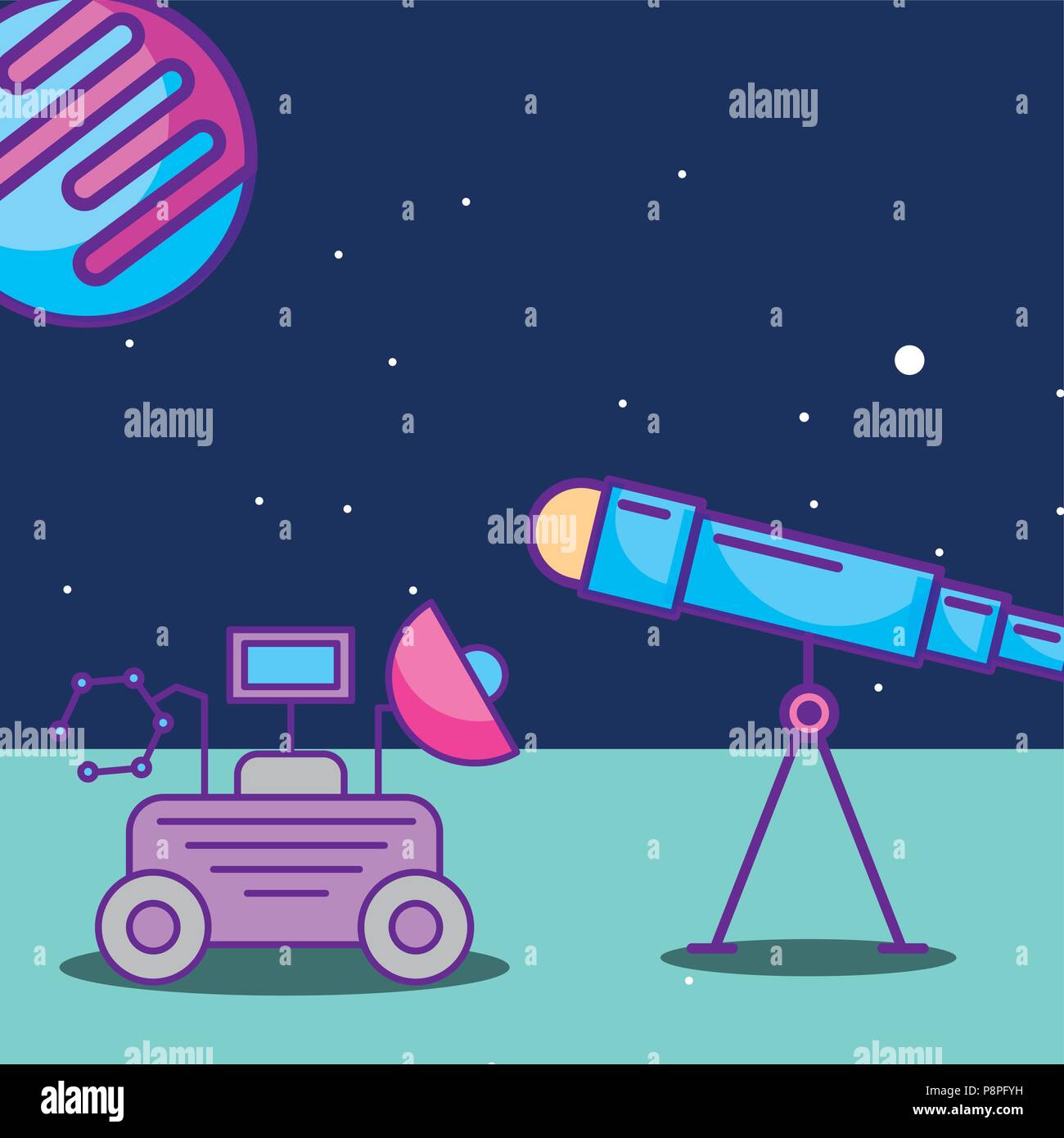 space galaxy card rover car signal planet telescope vector illustration ...