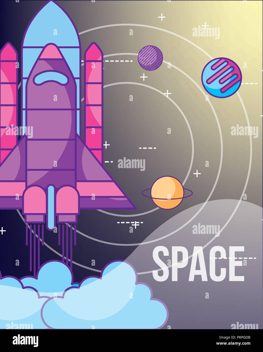 space galaxy cosmic card solar system rocket taking off clouds sparkly ...