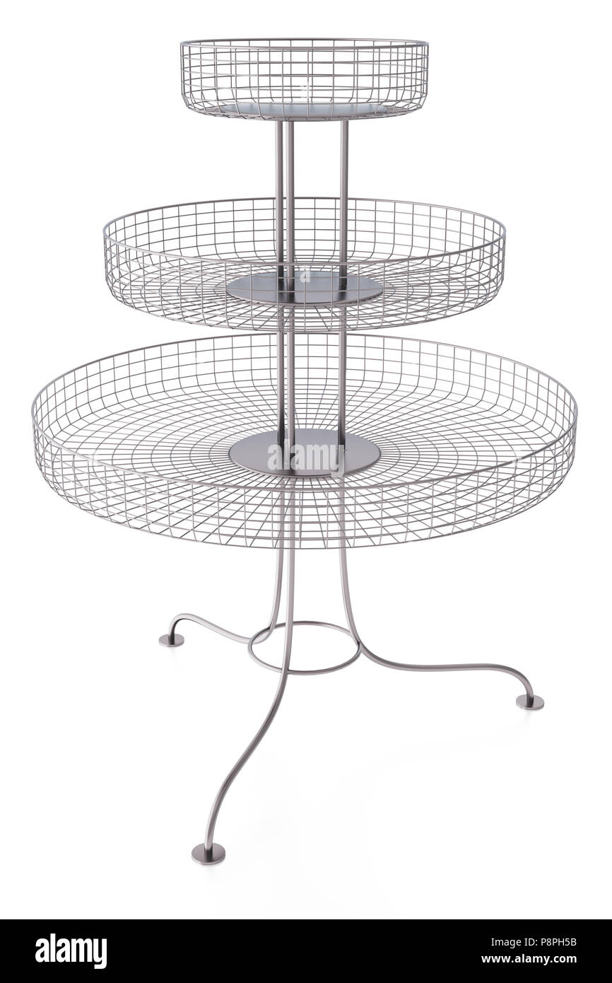 Empty round display stand with wire shelves. Isolated on white ...