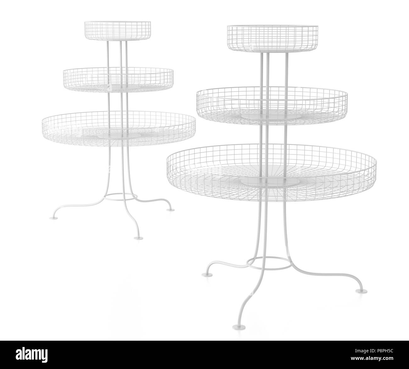 Empty round display stands with wire shelves. Isolated on white ...