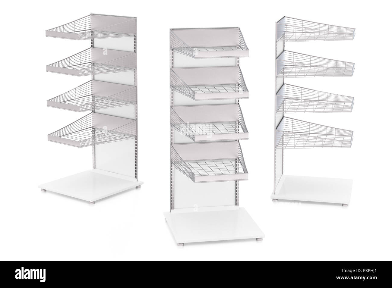 Set of empty display stand with wire shelves. Isolated on white ...