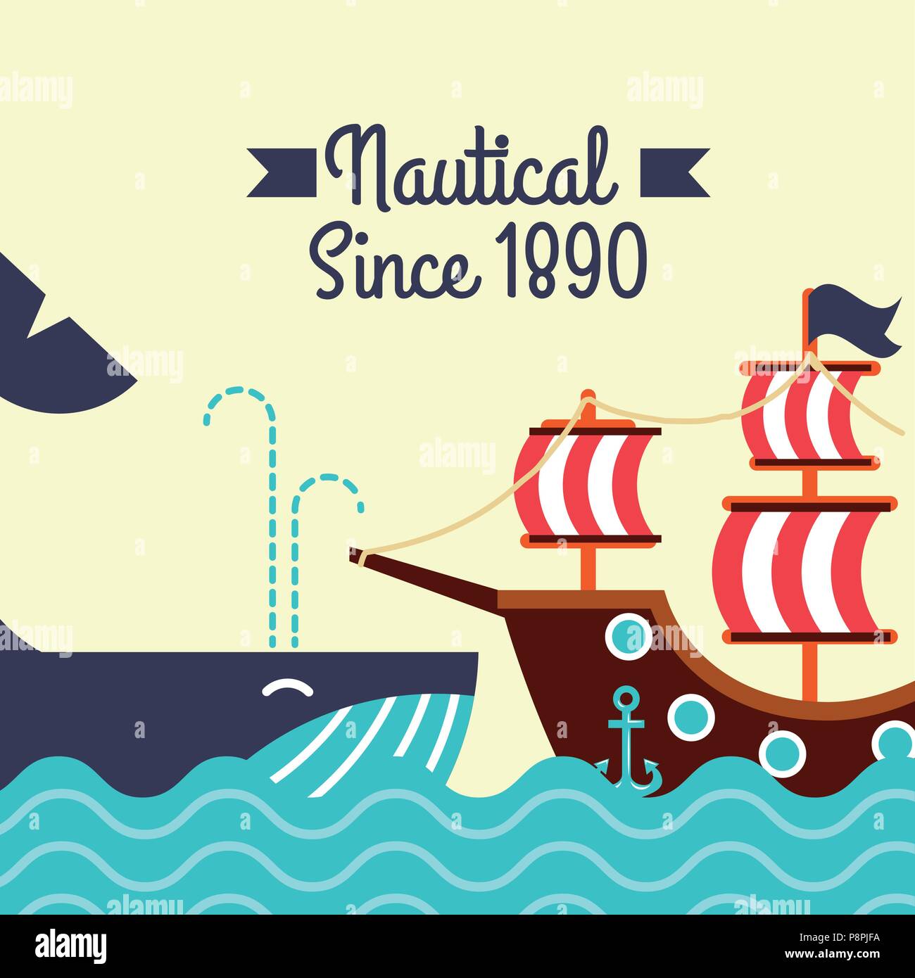 nautical maritime design whale ocean pirate ship vector illustration ...