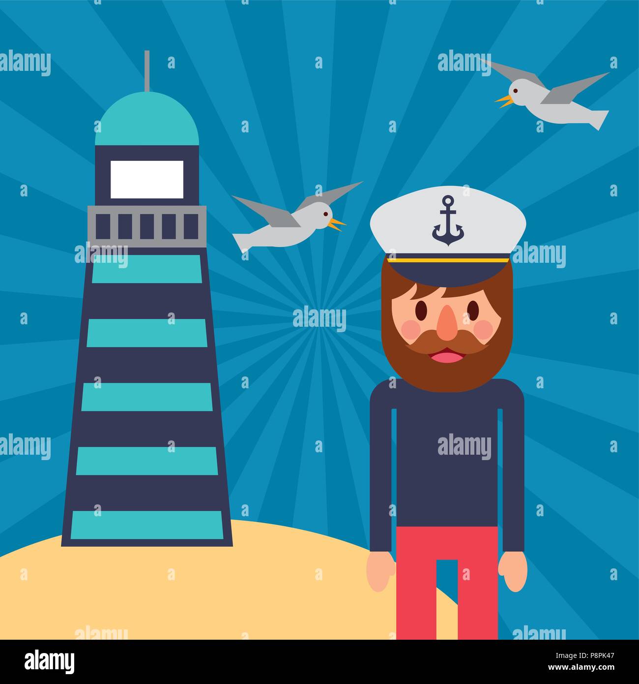 nautical maritime design cute pirate smiling lighthouse gulls sand ...