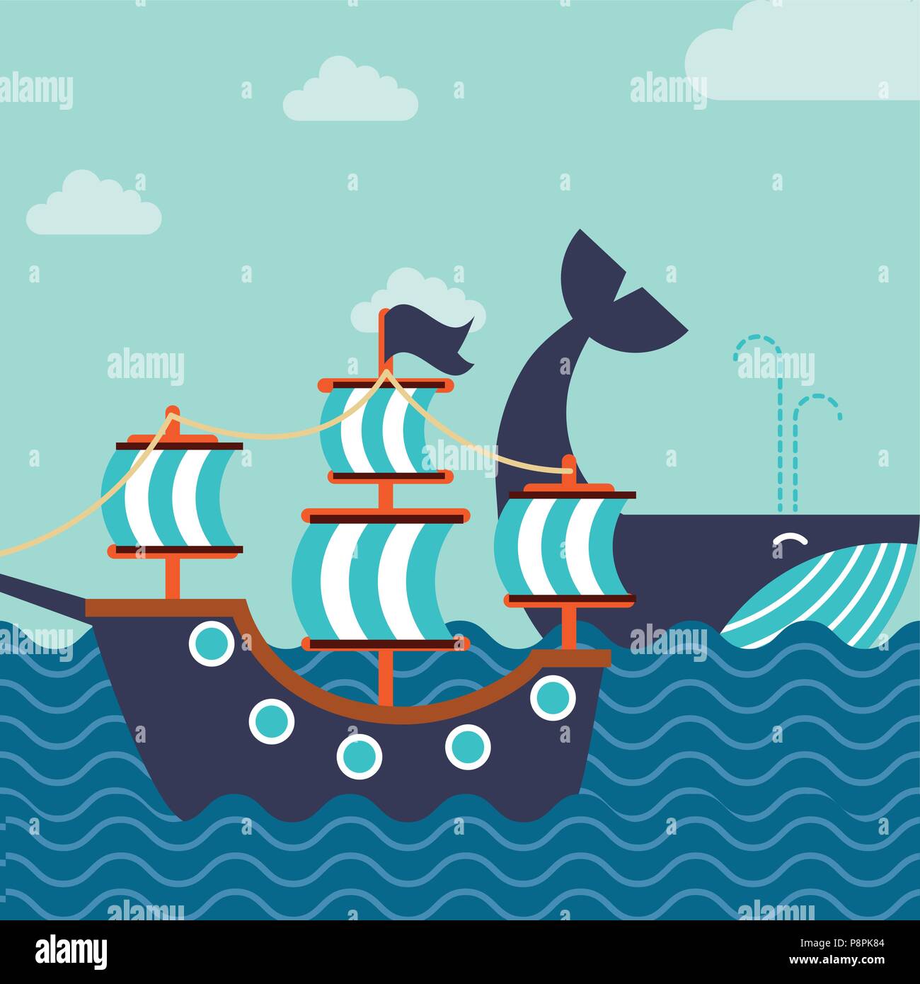 nautical maritime design whale ocean ship vector illustration Stock ...