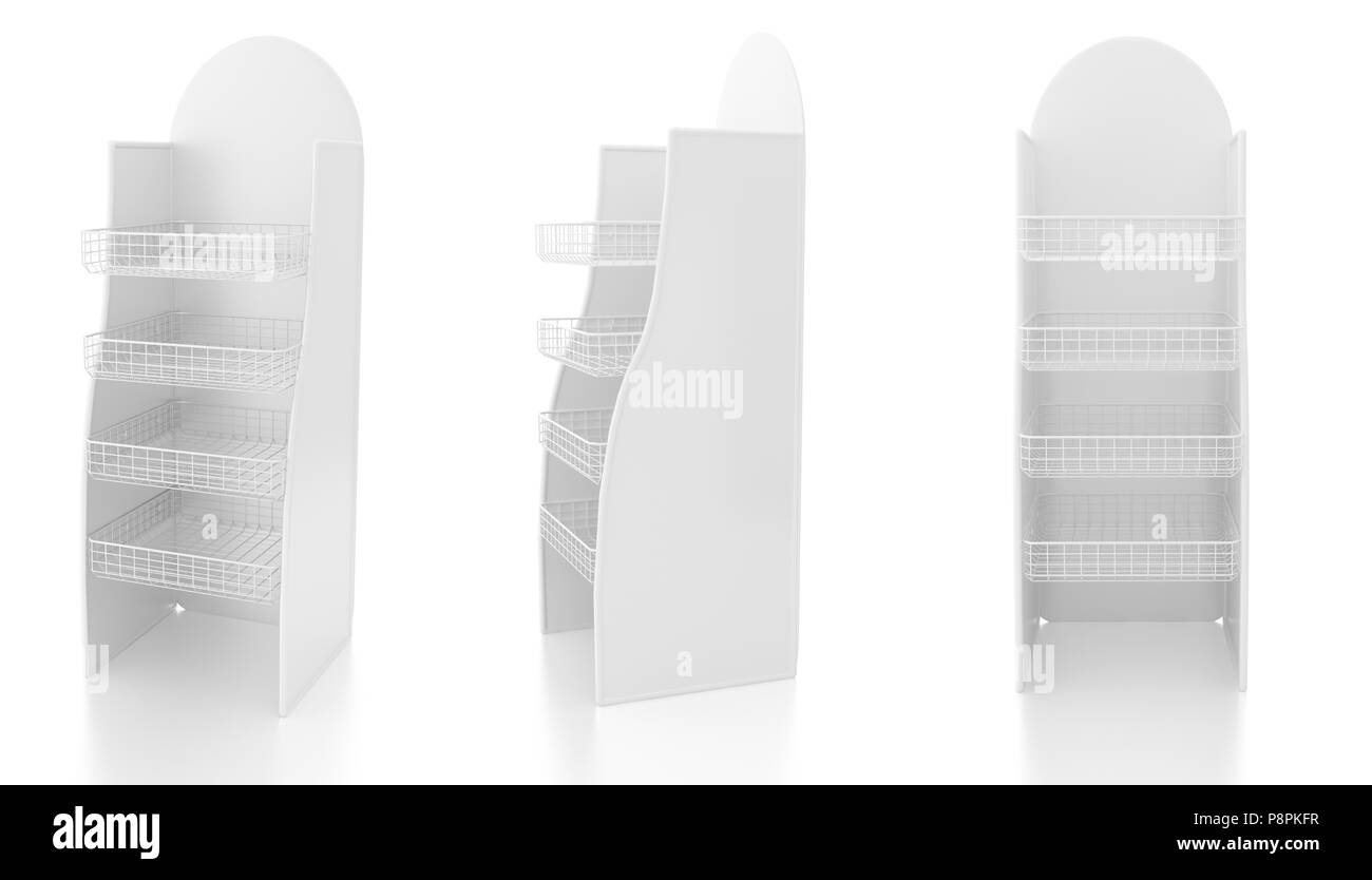 Set of empty display stand with wire shelves. Isolated on white ...