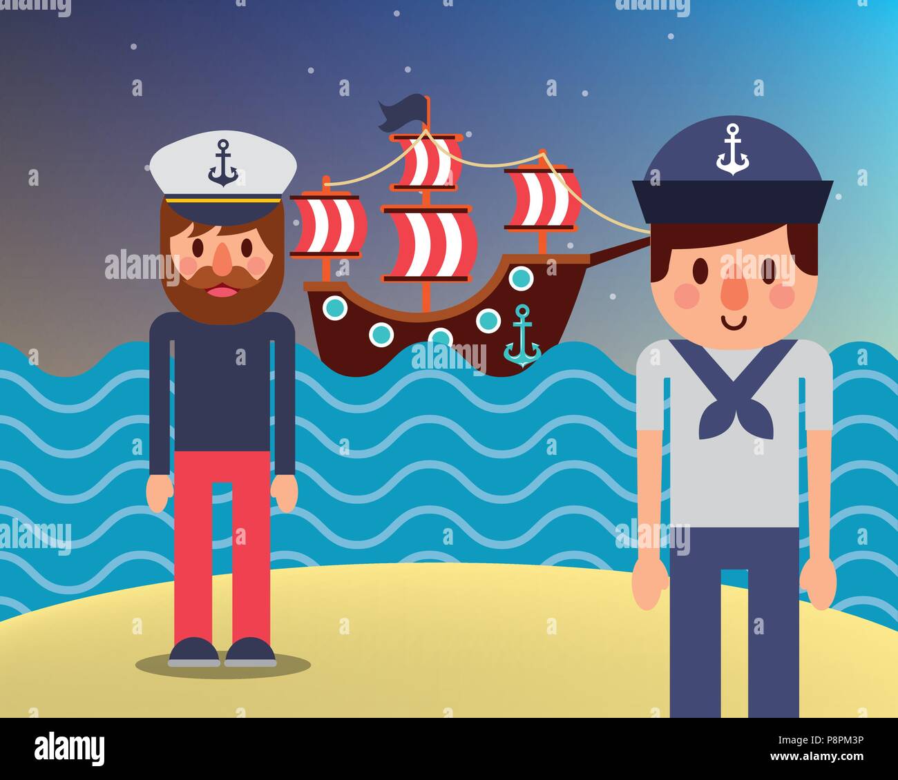 nautical maritime design pirate sailor in beach ocean ship vector ...
