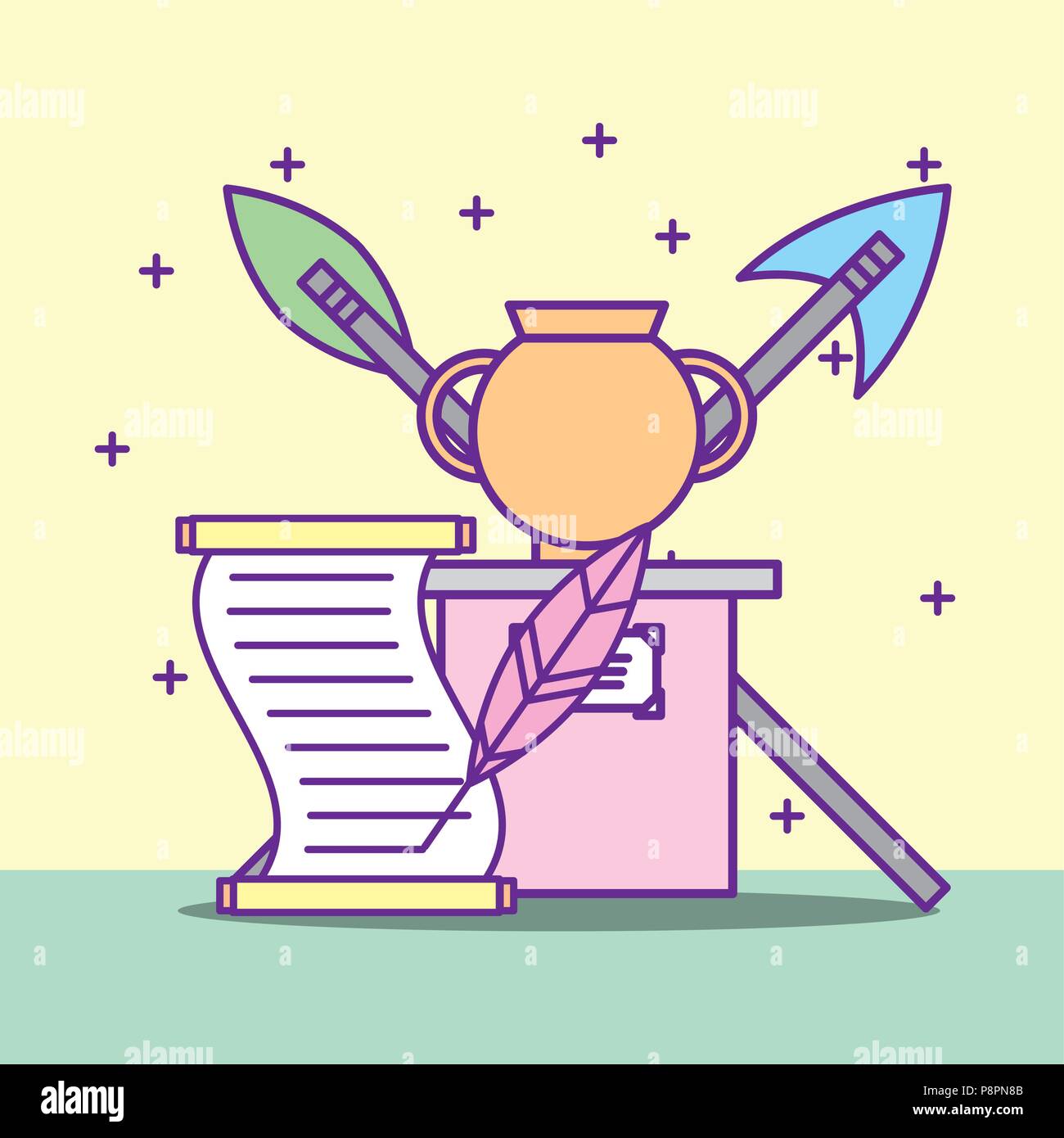 museum monuments design vase with shields paper writing pen stars ...