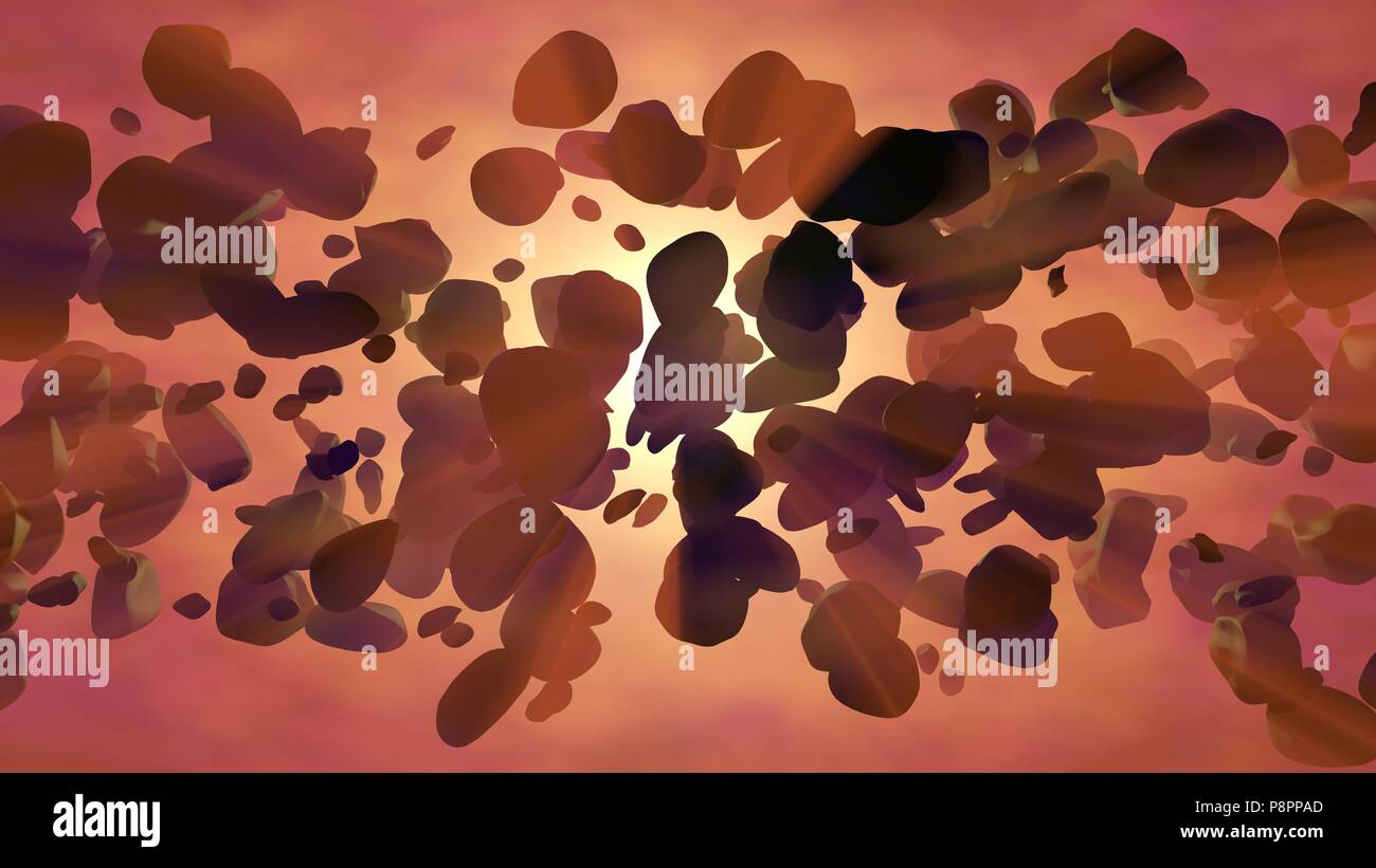 Asteroids infront of Star. Volumetric light rays effect. 3d render ...