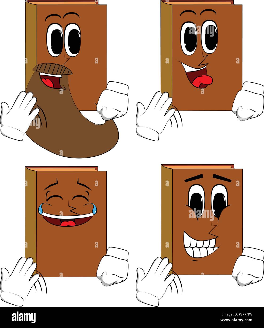 Books cooling himself with his hand. Cartoon book collection with happy ...