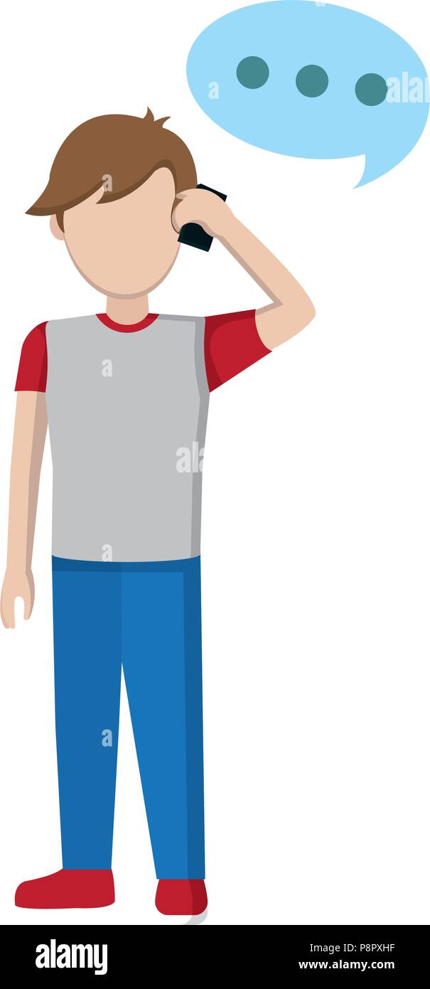 child boy calling with smartphone and chat bubble vector illustration ...