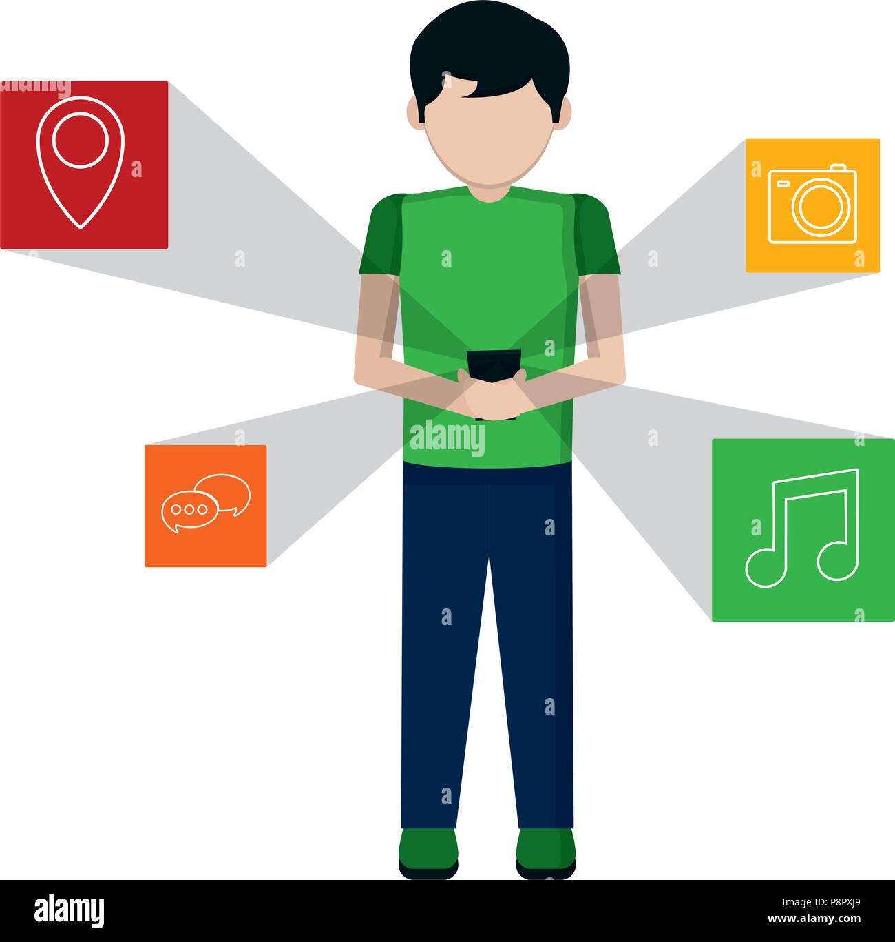 child boy with smartphone and social apps vector illustration Stock ...