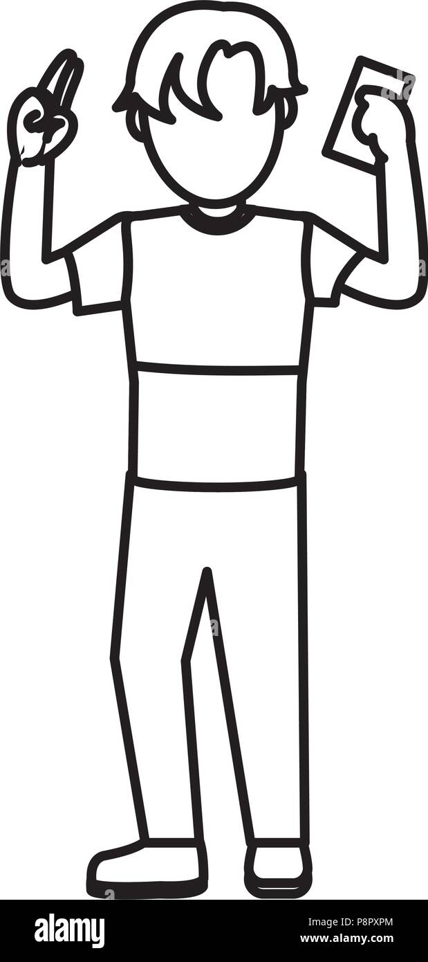 line child boy with smartphone social technology vector illustration ...