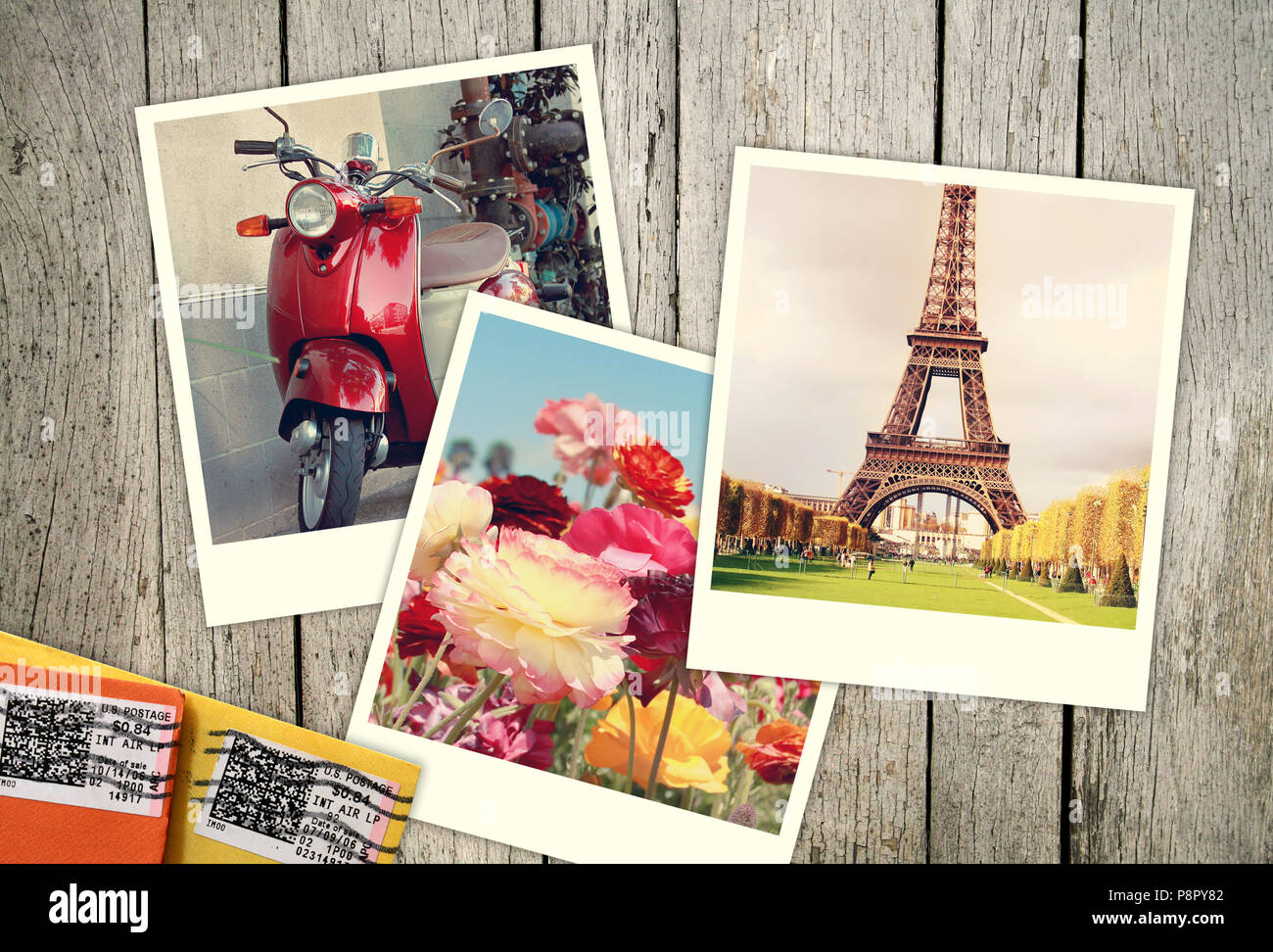 collage of polaroid pictures on wooden background Stock Photo - Alamy