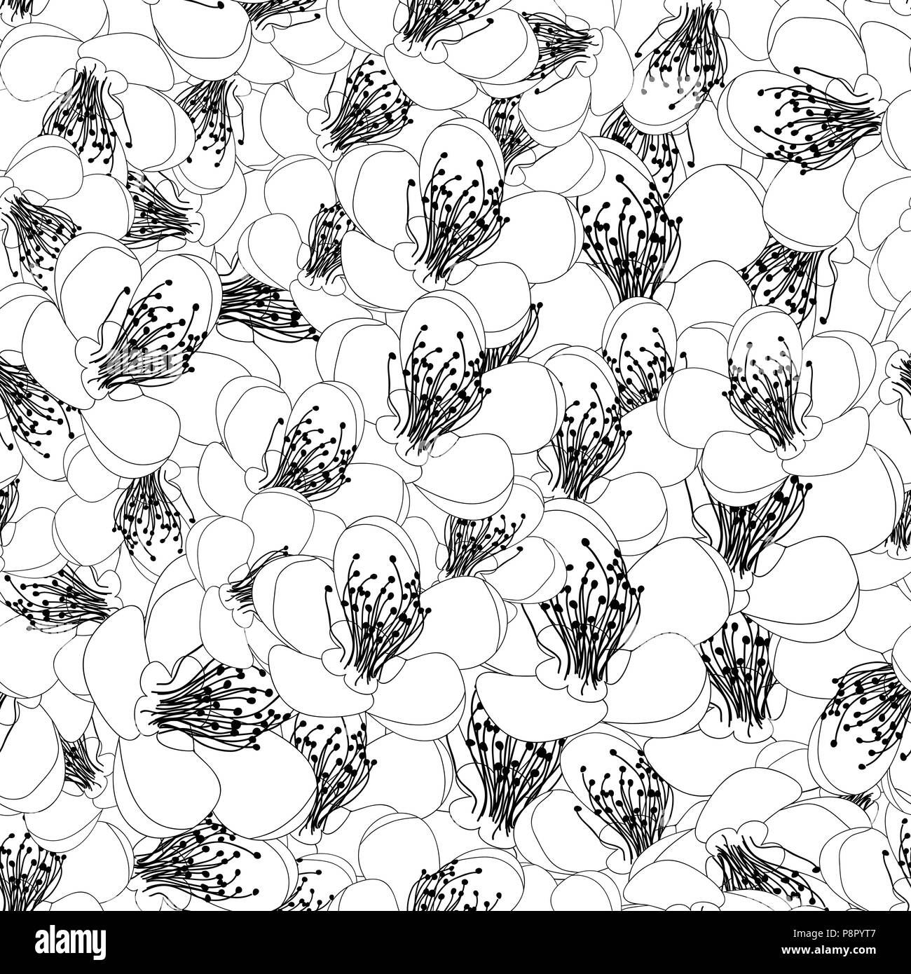 Momo Peach Flower Blossom Outline Seamless Background. Vector ...
