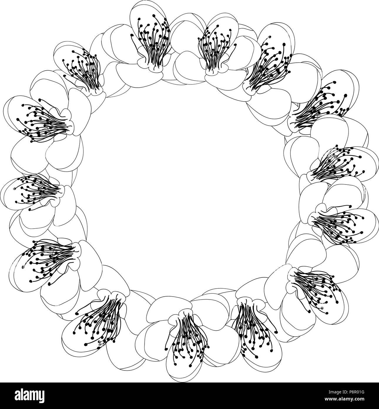 Momo Peach Flower Blossom Wreath Outline. Vector Illustration Stock ...