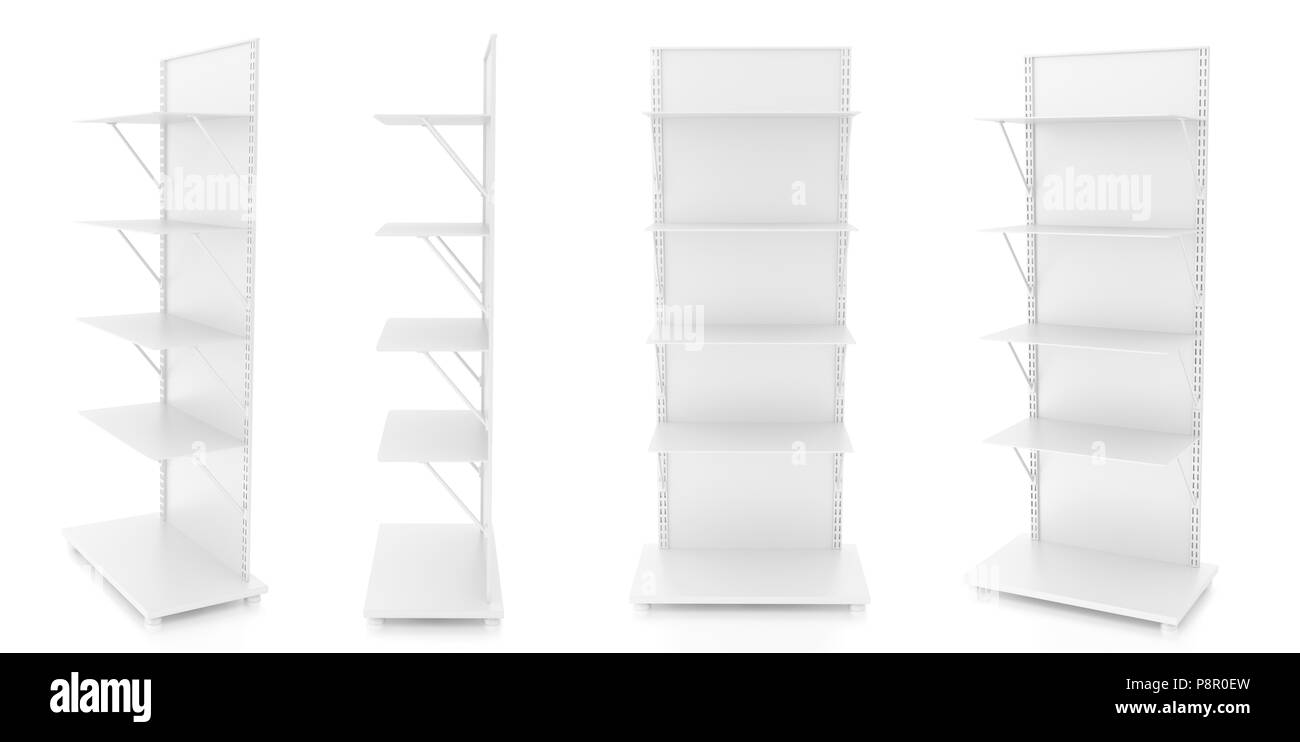 Set of empty product display stand. Isolated on white background. 3d ...