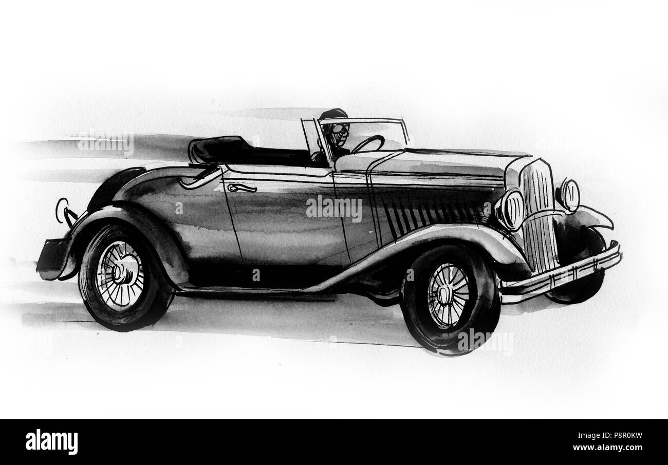 Speeding vintage car. Ink black and white illustration Stock Photo - Alamy