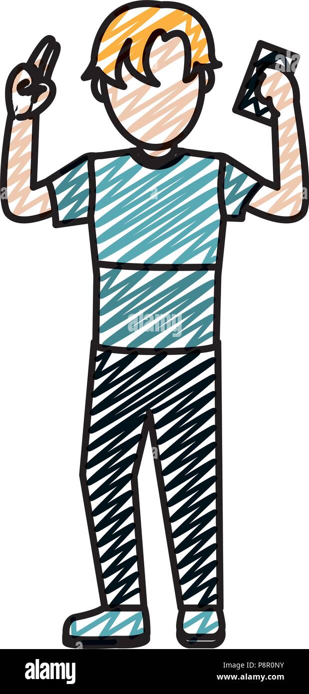 doodle child boy with smartphone social technology vector illustration ...