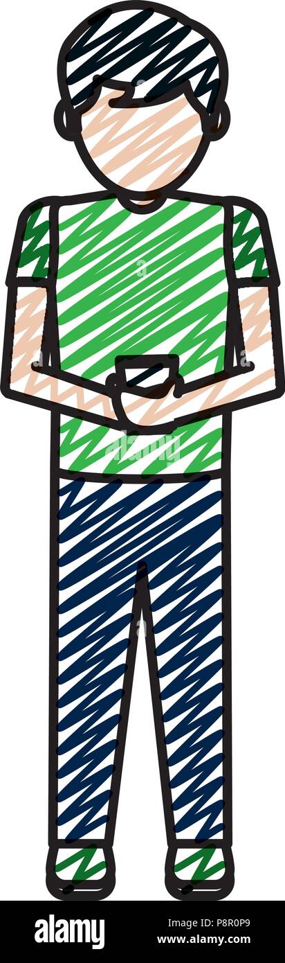 doodle child boy with smartphone social chat vector illustration Stock ...