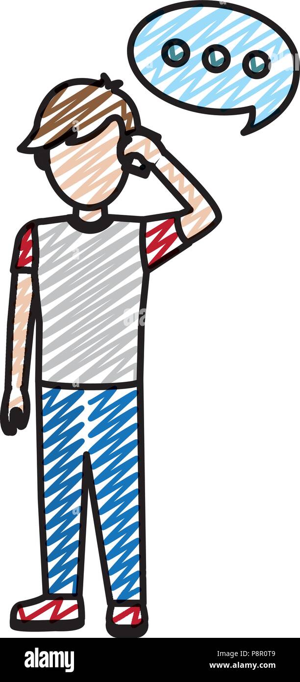doodle child boy calling with smartphone and chat bubble vector ...