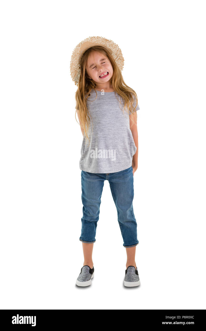 Stressed little girl with long blond hair wearing a wide-brimmed straw ...