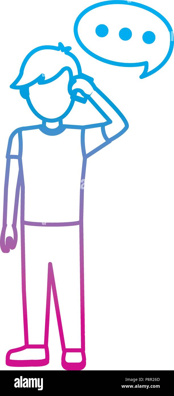 degraded line child boy calling with smartphone and chat bubble vector ...