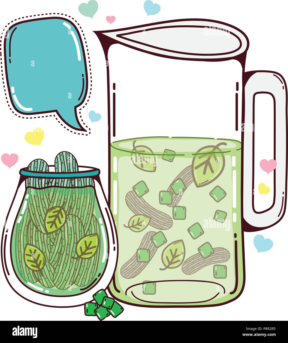 cucumber and leaves juice in the jar and chat bubble vector ...