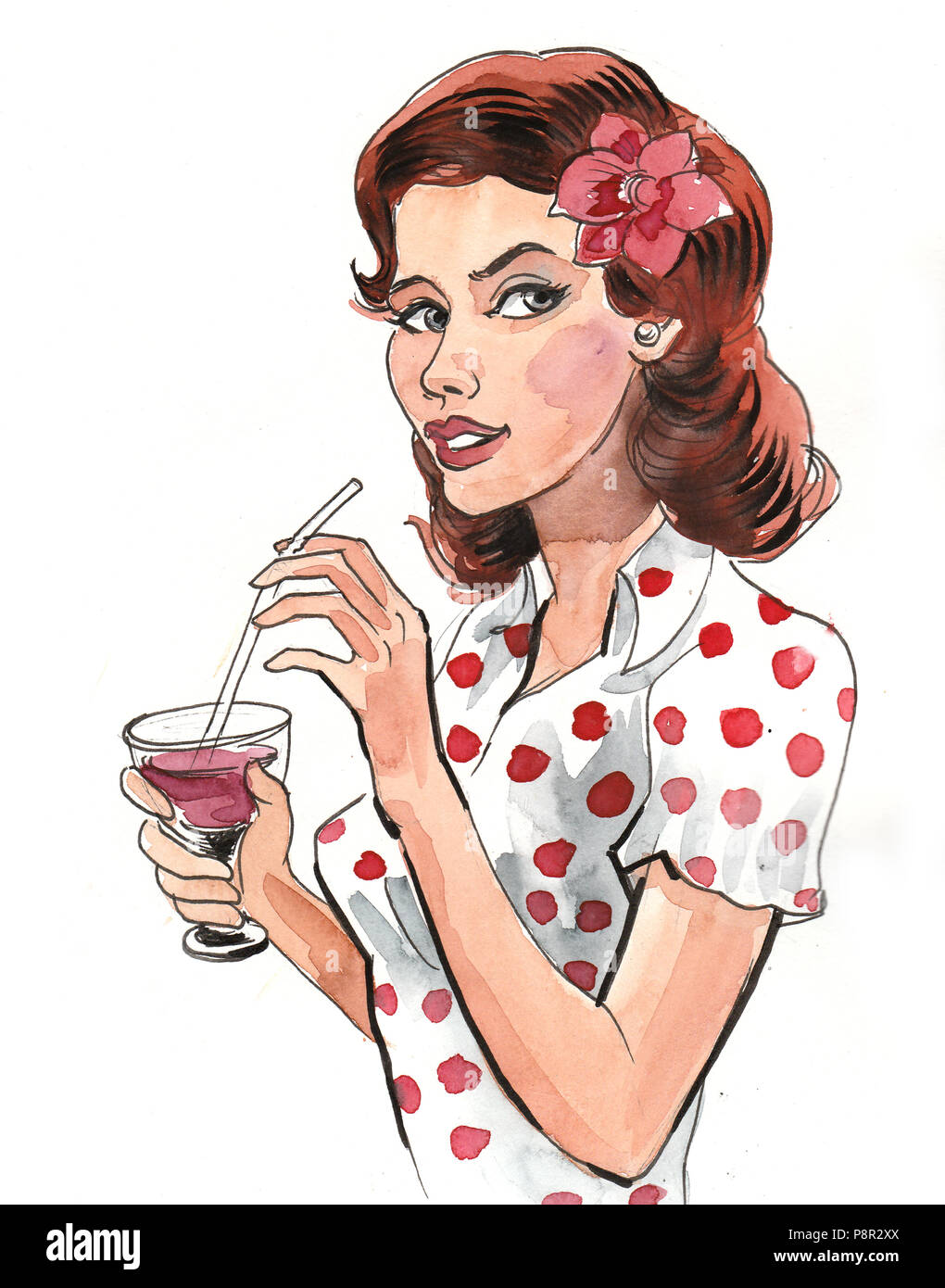 Pretty woman drinking a cocktail. Ink and watercolor illustration Stock ...