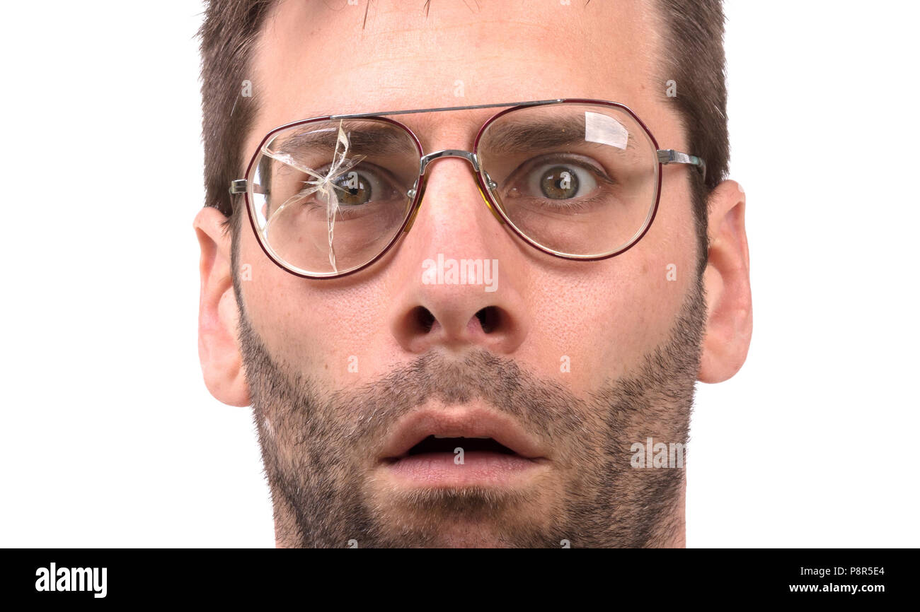 Goofy man with broken vintage glasses - Isolated on white Stock Photo ...