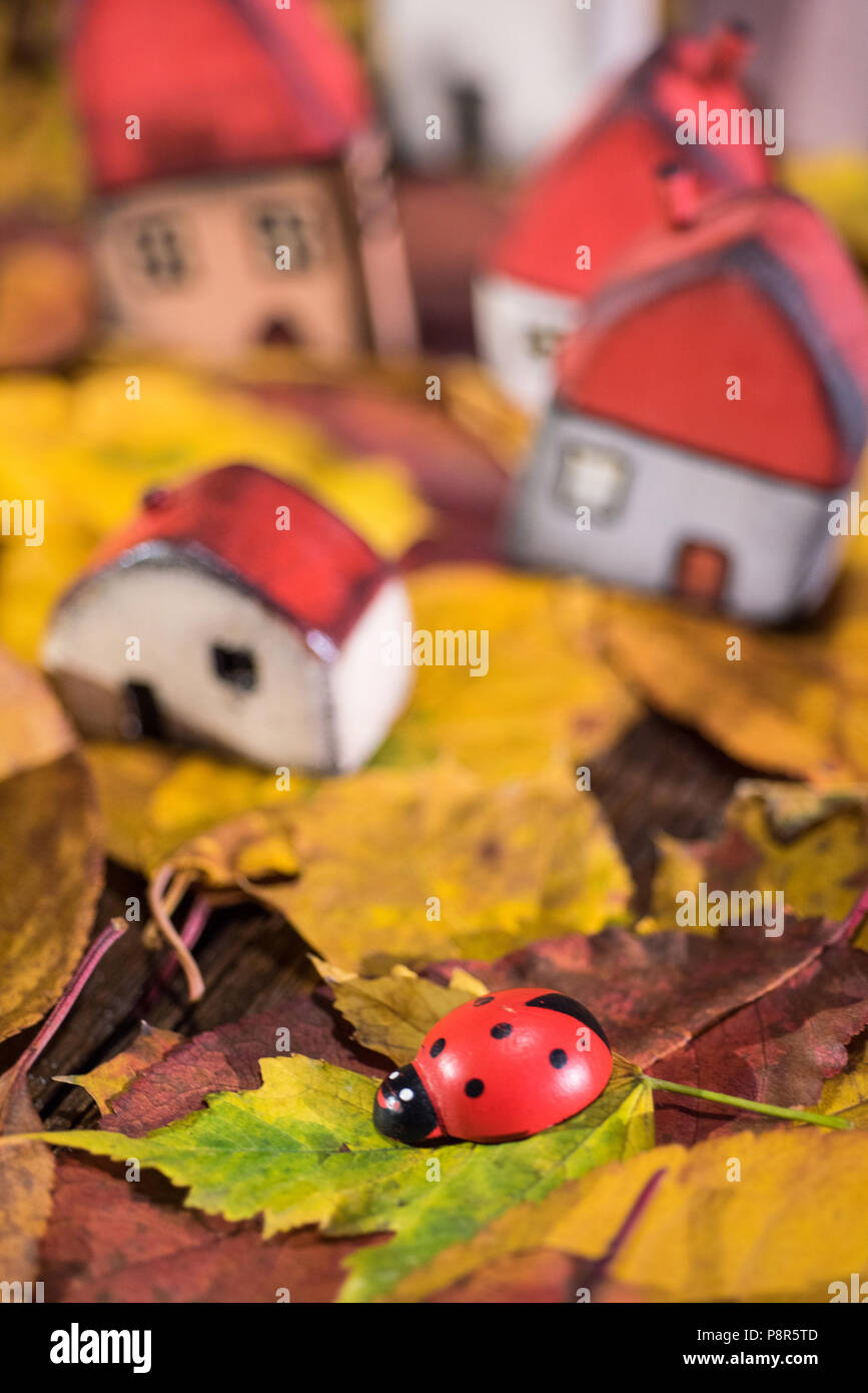 Playground for children, arrangement of painted toy wooden houses ...