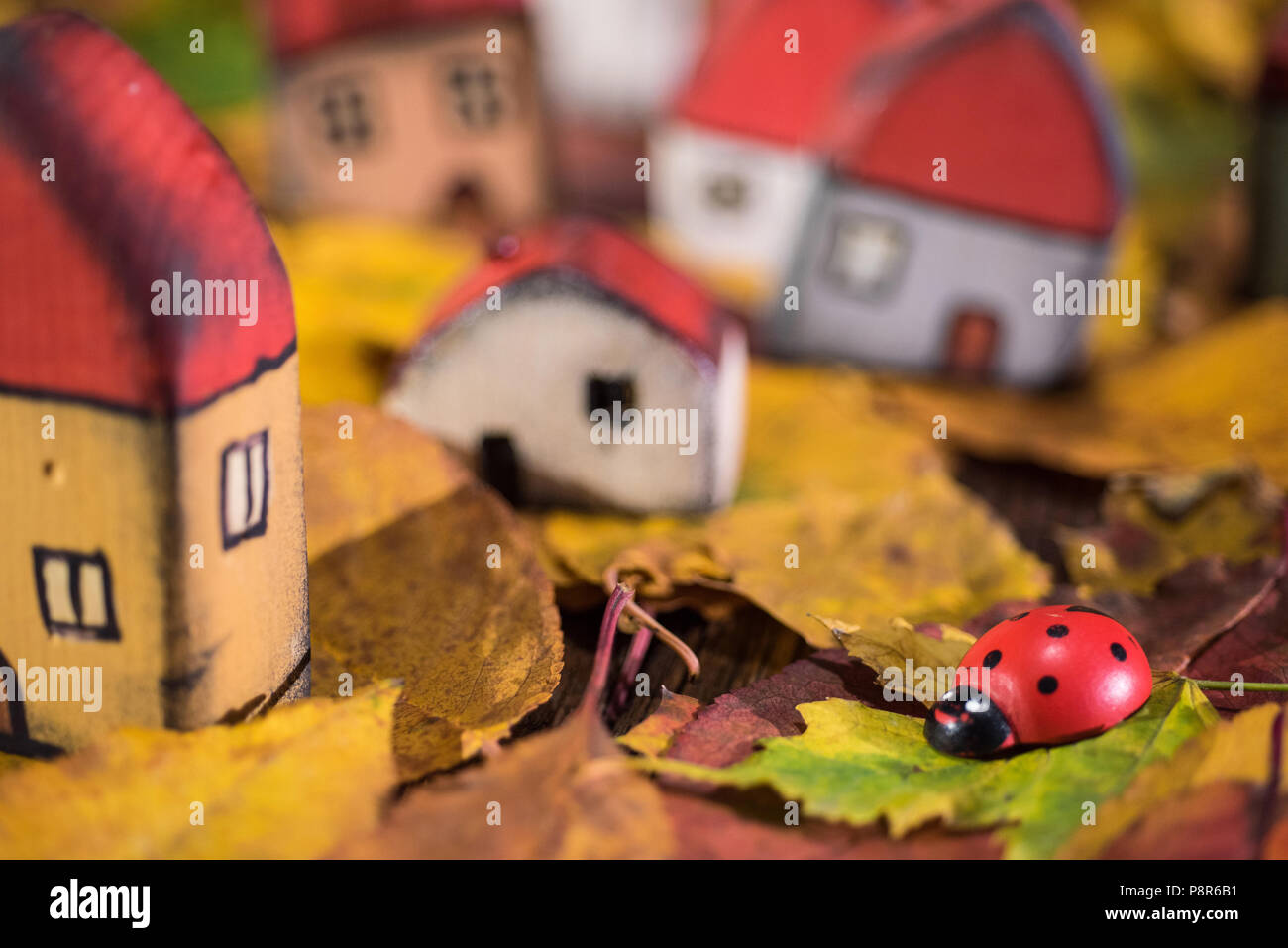 Playground for children, arrangement of painted toy wooden houses ...