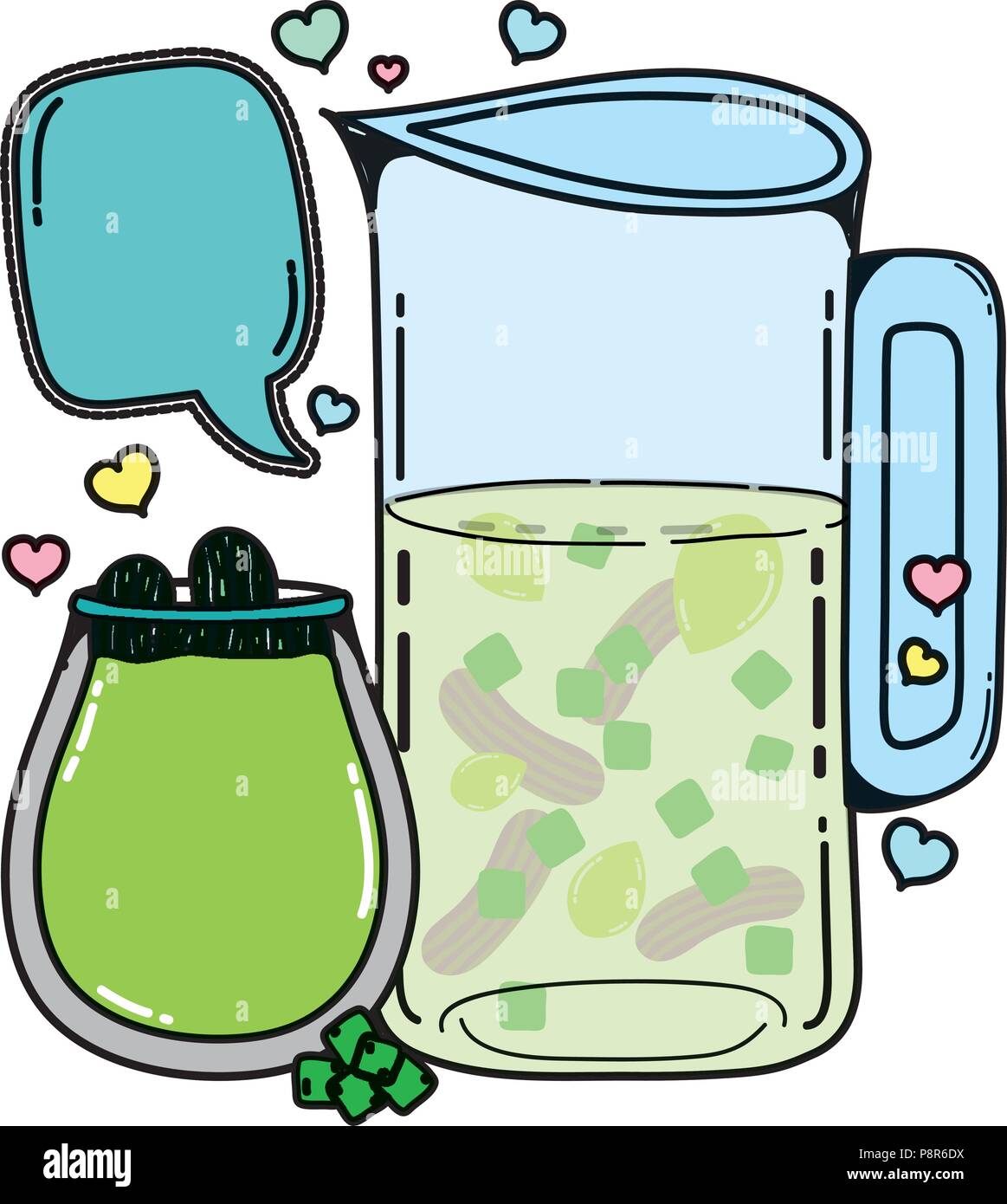 color cucumber and leaves juice in the jar and chat bubble vector ...
