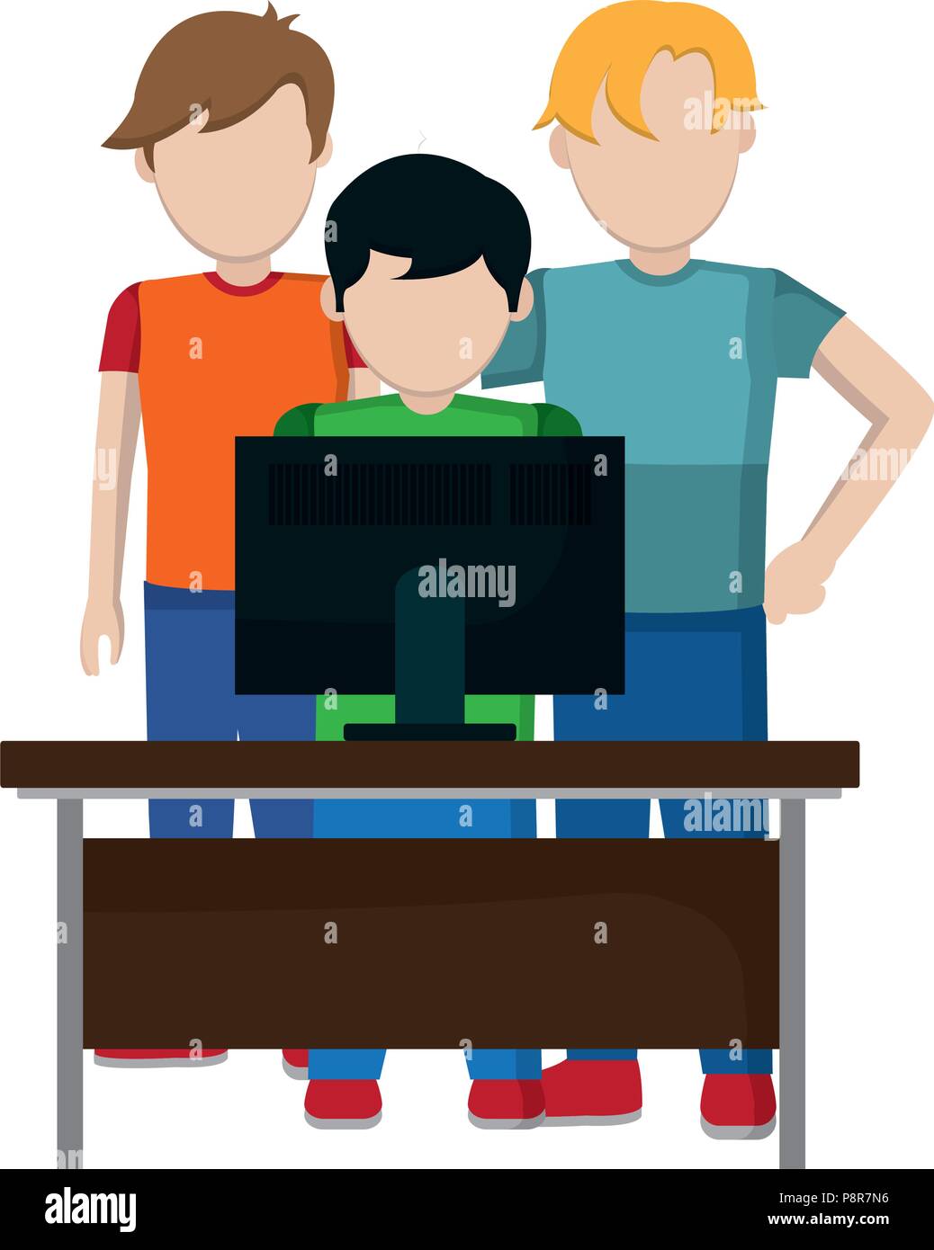 boys friends with computer in the wood desk vector illustration Stock ...