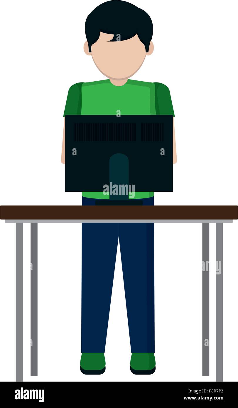 boy with electronic computer in the wood desk vector illustration Stock ...