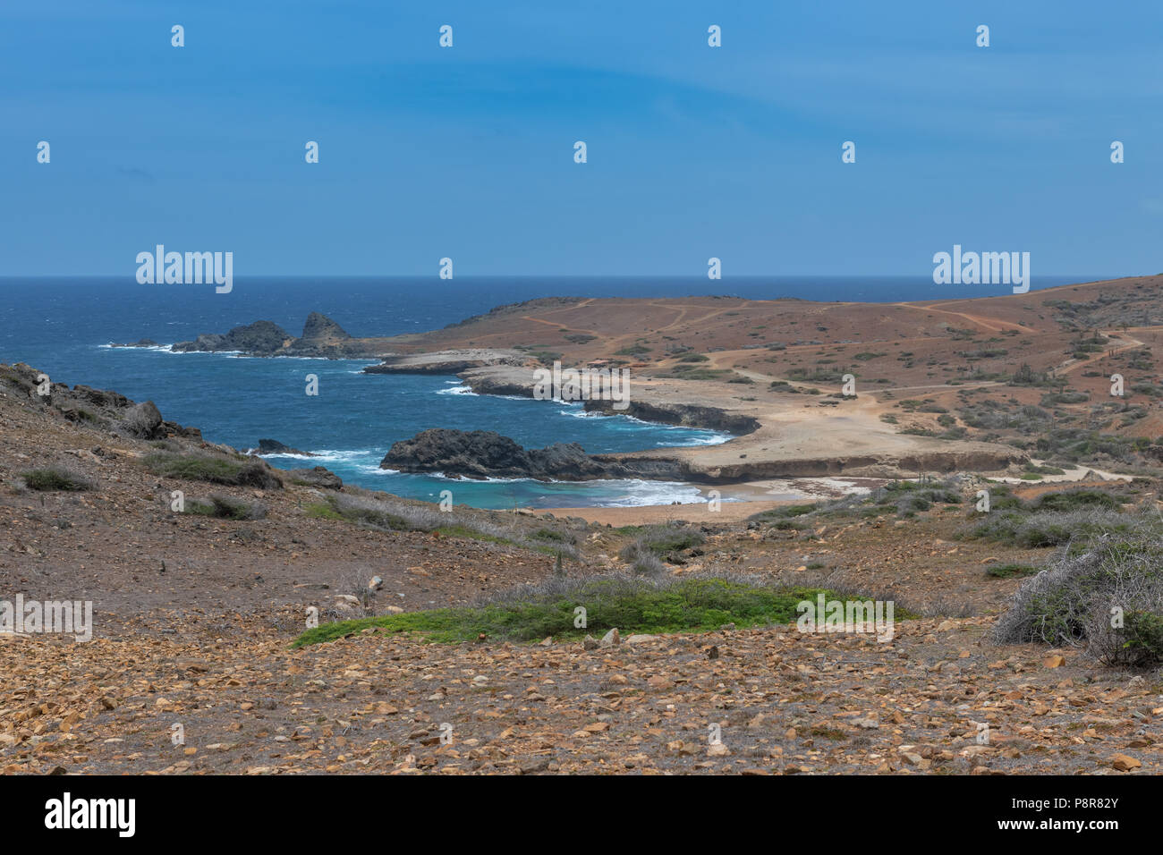 Aruba- view of Andicuri beach from hillside- windward side of the ...