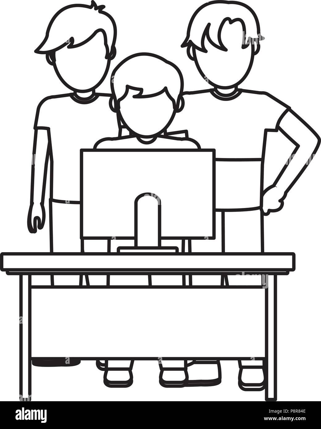 line boys friends with computer in the wood desk vector illustration ...